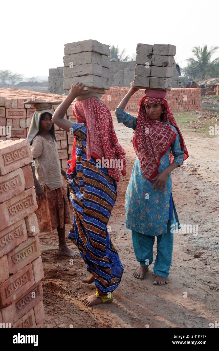 Brick field workers carrying complete finish brick from the kiln in ...