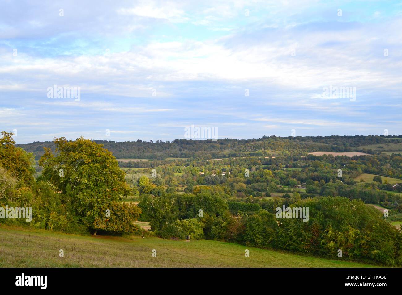 View across Darent Valley in October from hillside above Filston Rd ...