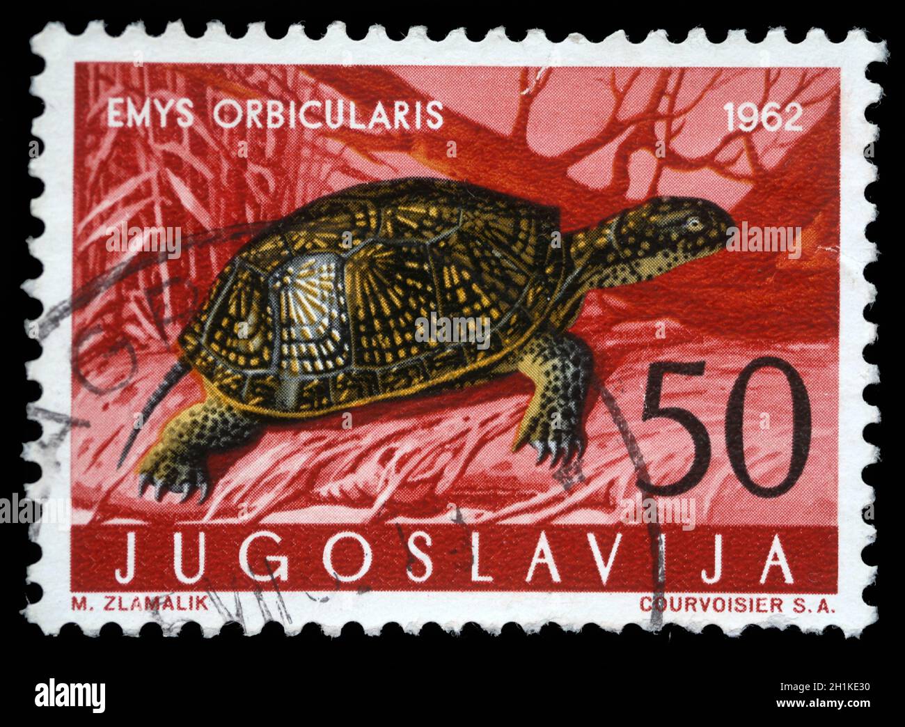 Stamp printed in Yugoslavia shows the European pond turtle with the ...