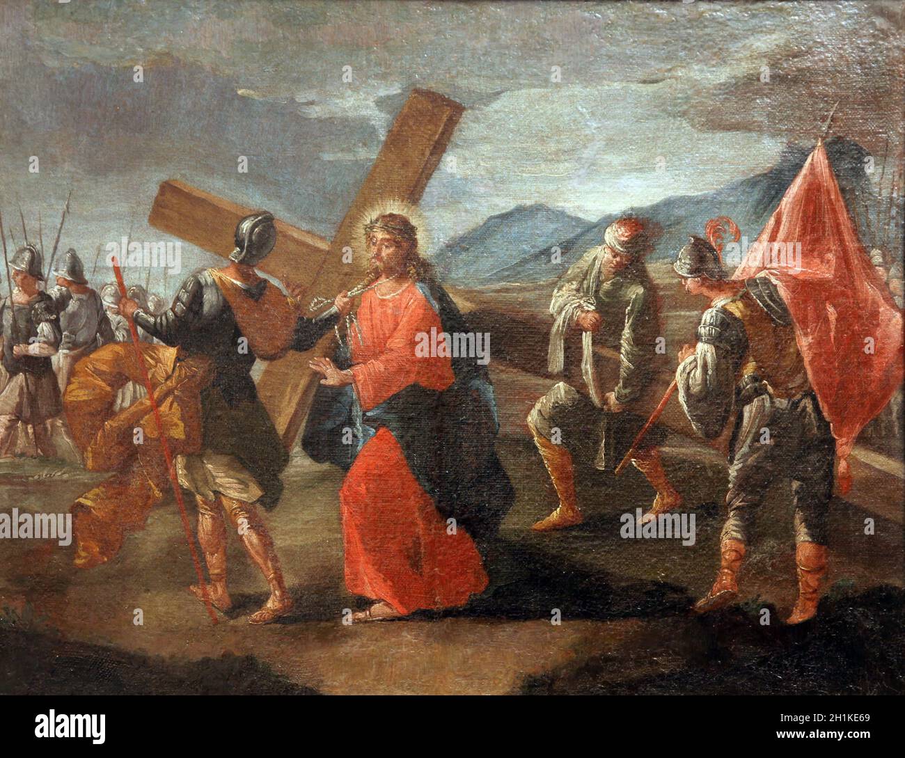 5th Stations of the Cross, Simon of Cyrene carries the cross Stock Photo - Alamy