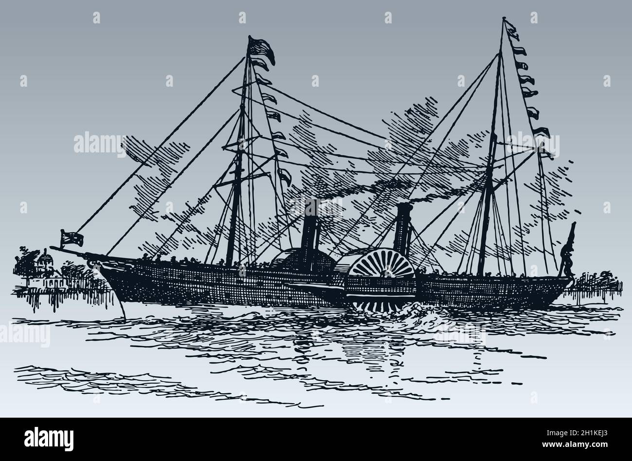 Side-wheel paddle steamer on wavy coastal waters, after antique sketch ...