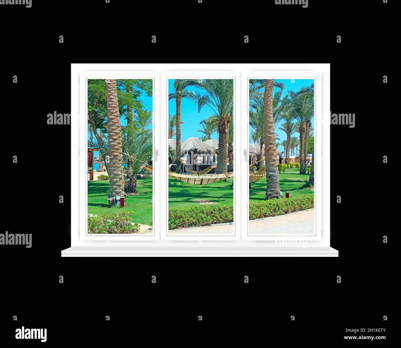 View from window of tropical resort in Egypt. Beautiful panorama seen ...