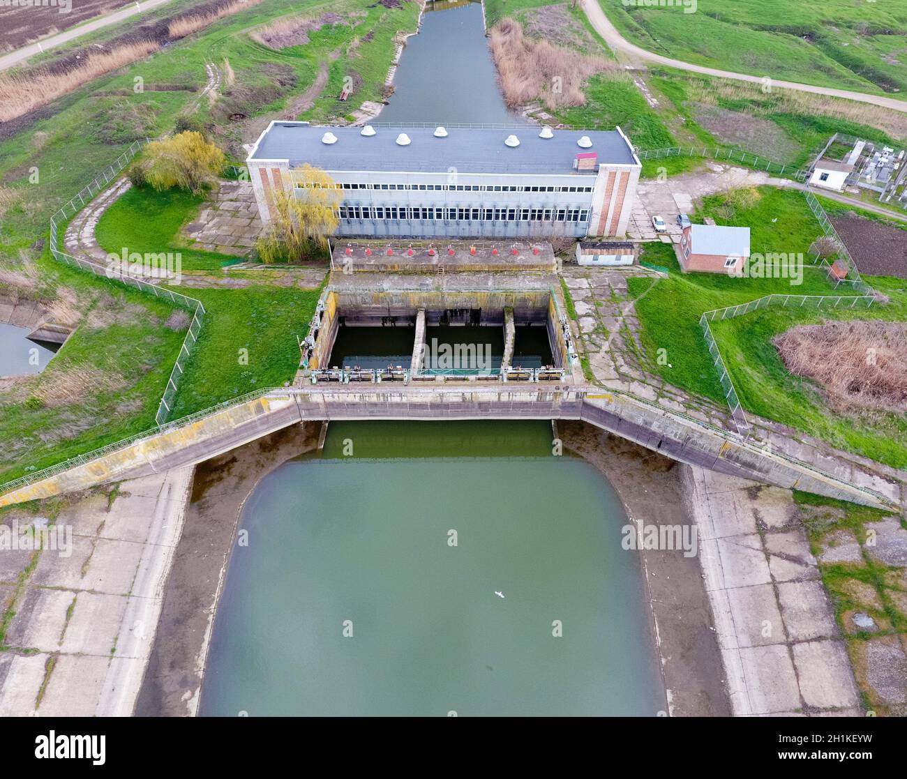 Water pumping station of irrigation system of rice fields. View from ...
