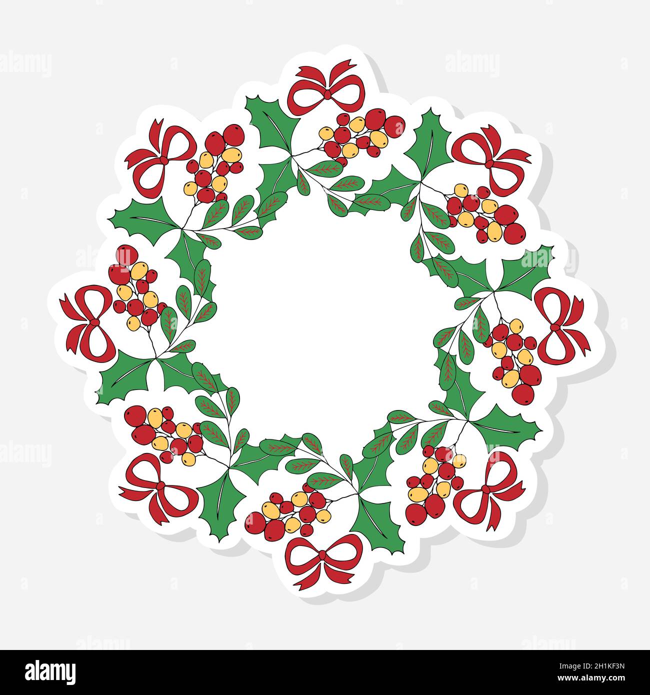 Christmas wreath with red bow, holly berries and leaves, sticker doodle ...