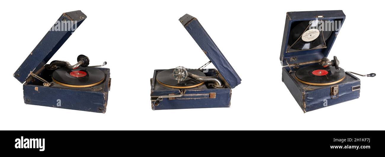 Set of portable wind-up gramophone. Phonograph with crank. Old ...