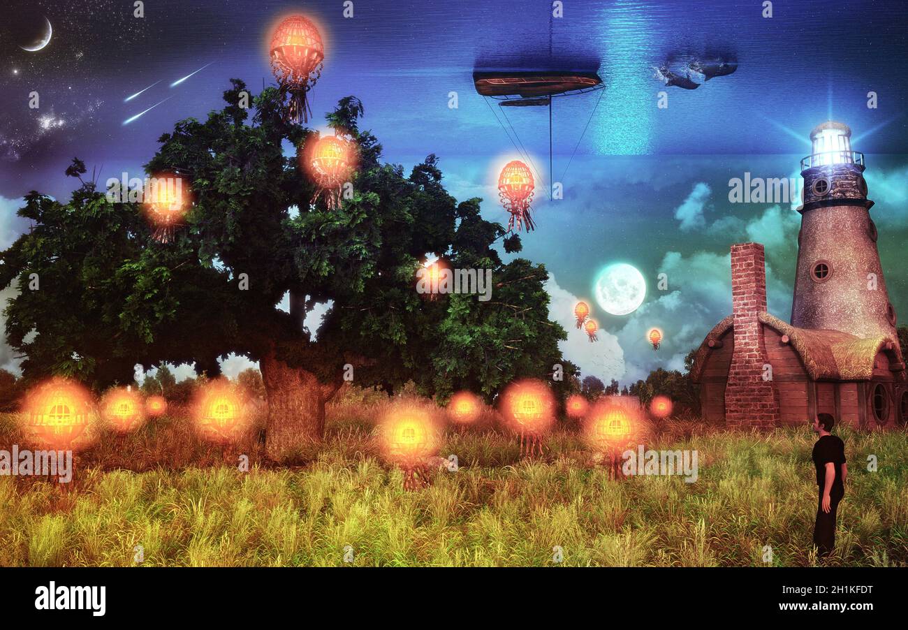 3D rendering of a man in a dream in a field with a lighthouse in the ...