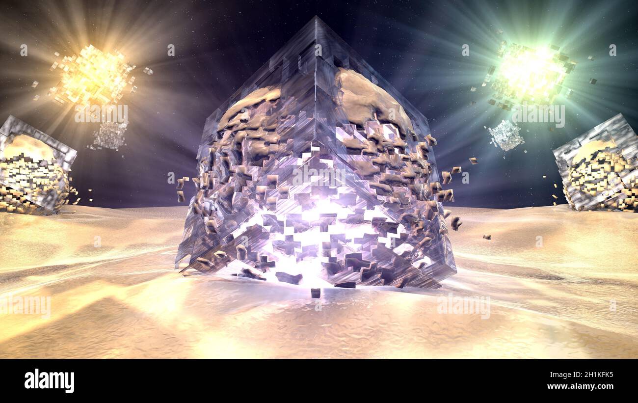3D rendering of an abstract sphere with exploding cubes under the lights Stock Photo - Alamy