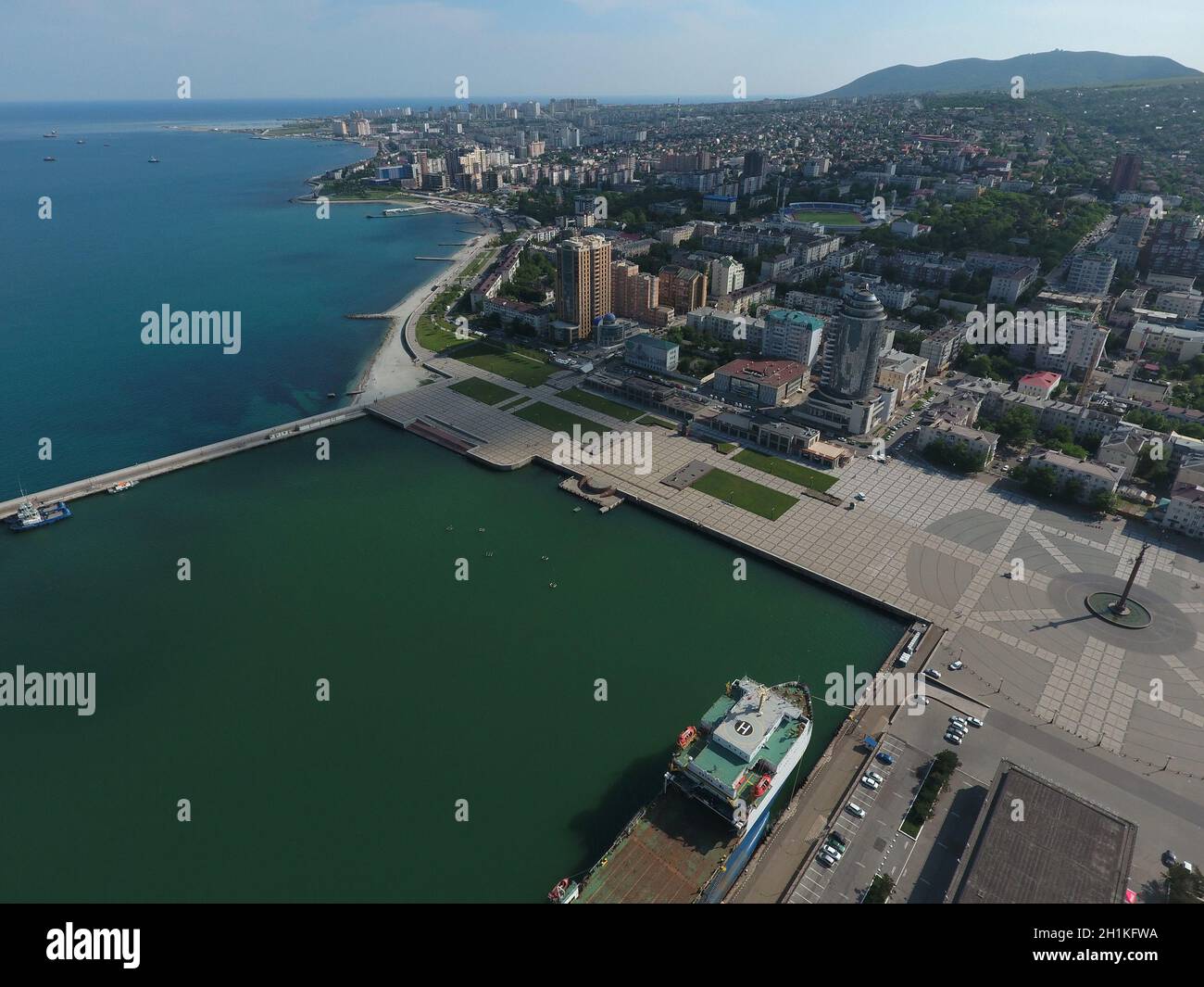 Top view of the marina and quay of Novorossiysk. Urban landscape of the ...