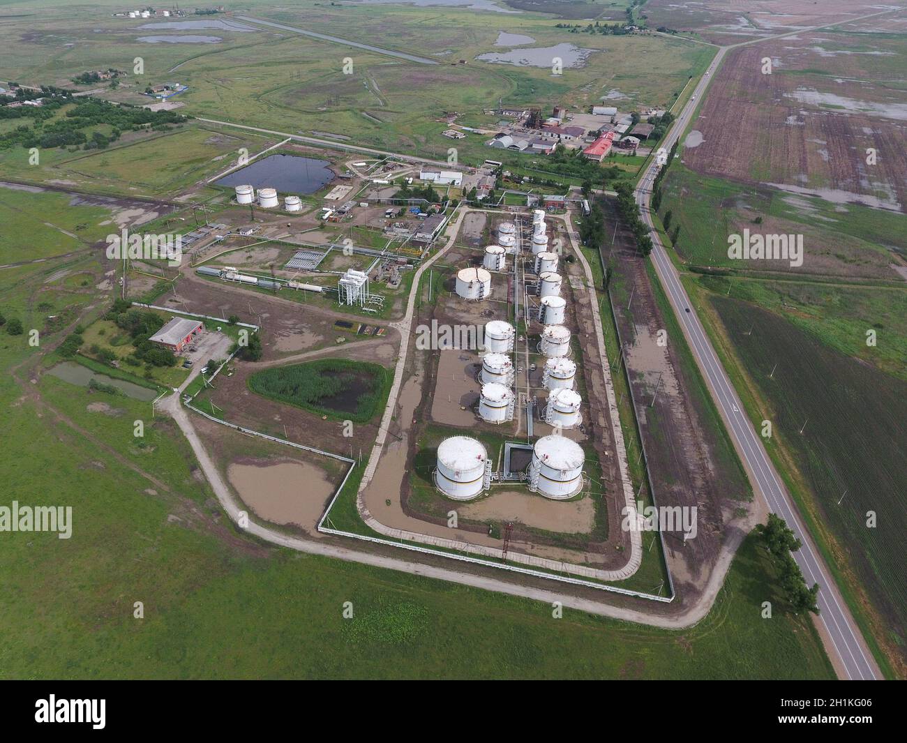 Aerial view of oil storage tanks. Industrial facility for the storage ...