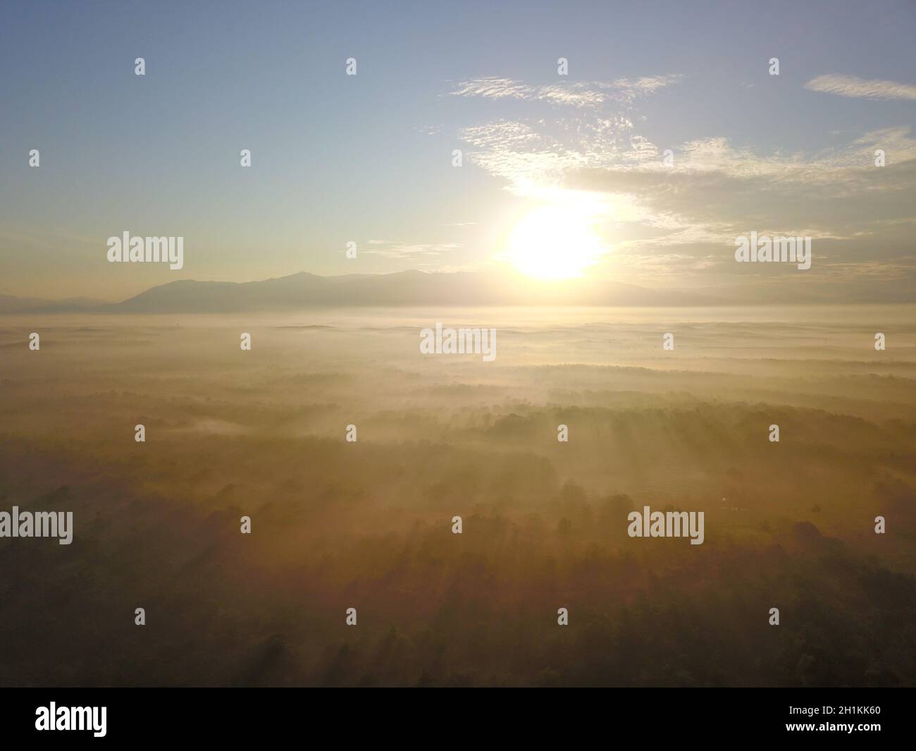 Aerial view foggy cloud at forest. Early morning sunray at forest Stock ...