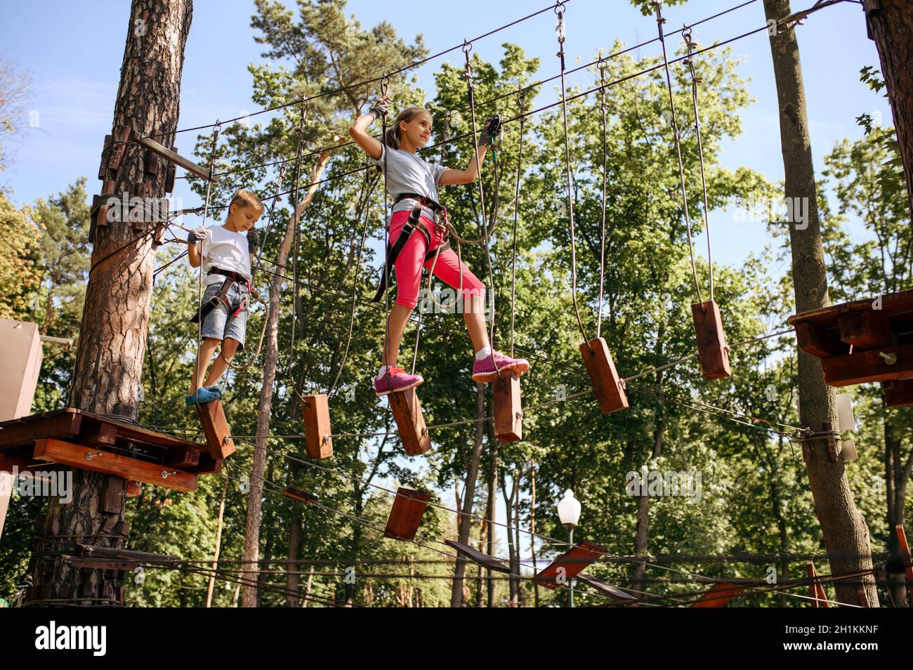 Brave kids in equipment climbs in rope park, playground. Children ...