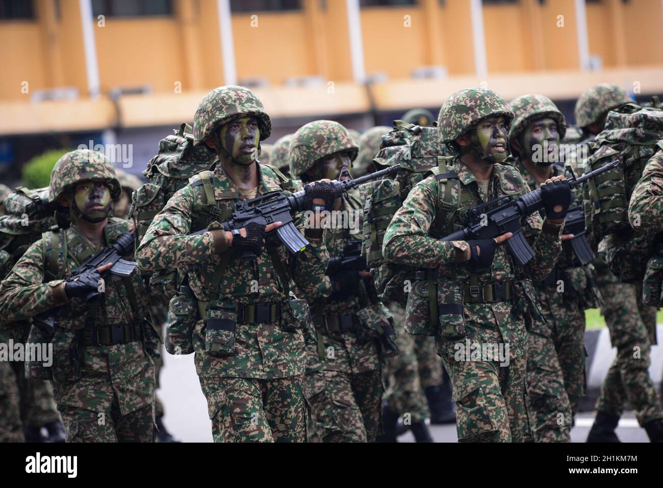 Georgetown, Penang/Malaysia - Aug 31 2016: Soldiers carry gun during ...