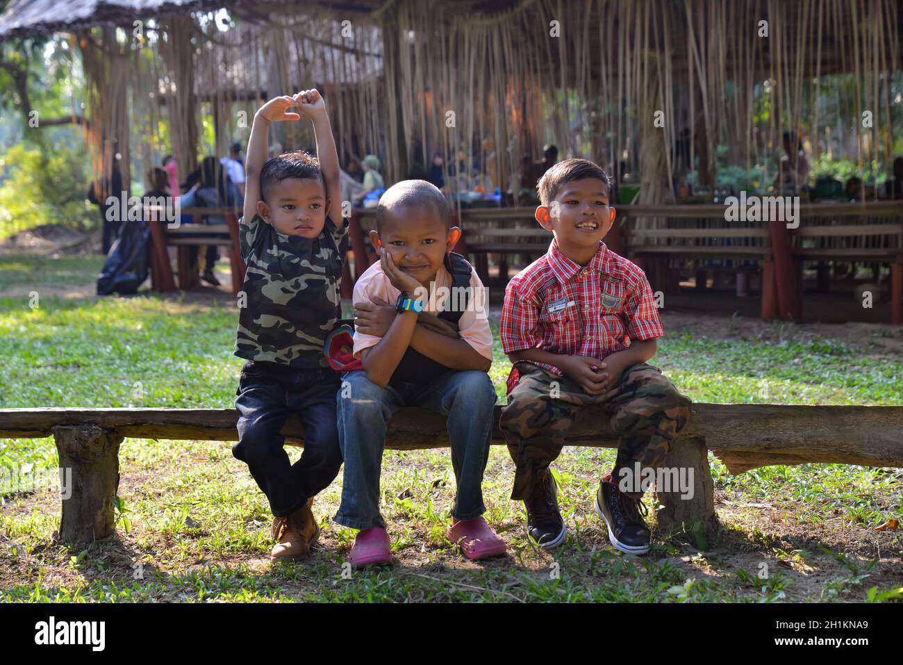 Carey Island, Selangor/Malaysia - Mar 17 2018: Mah Meri children sit at ...