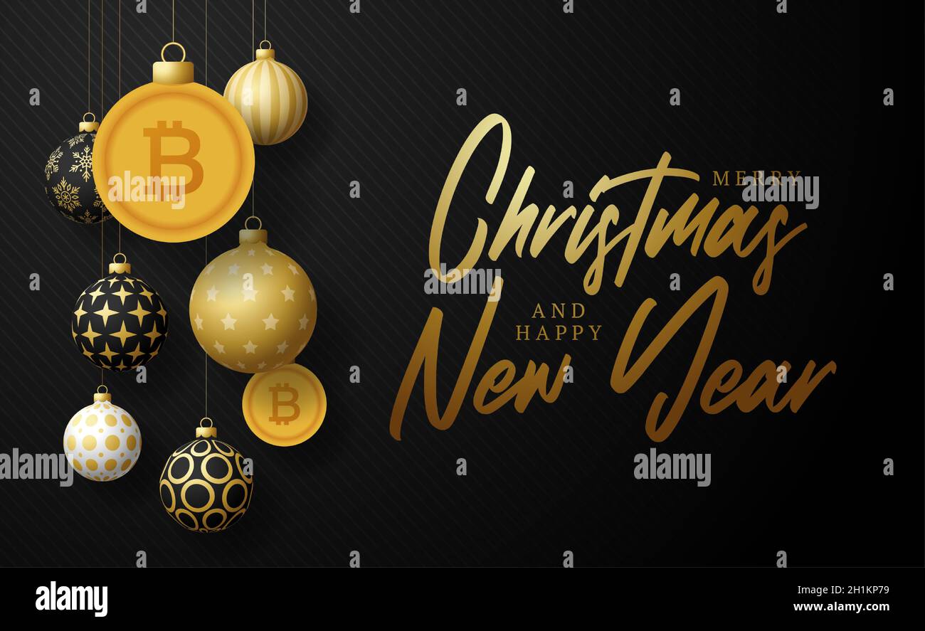 Merry Christmas gold bitcoin symbol banner. bitcoin sign as christmas ...