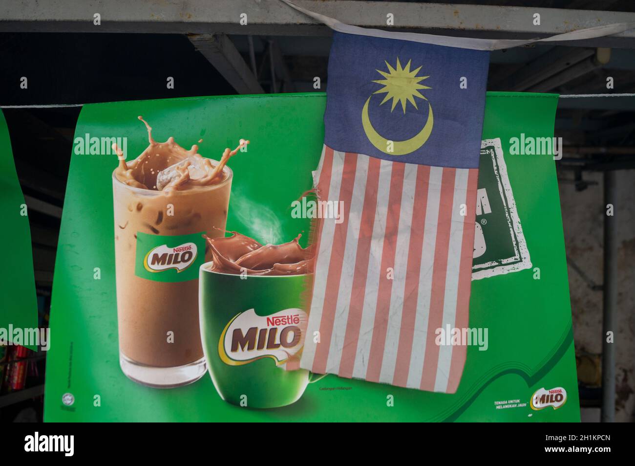 Georgetown, Penang/Malaysia - Feb 14 2020: Malaysia flag hang with Milo ...