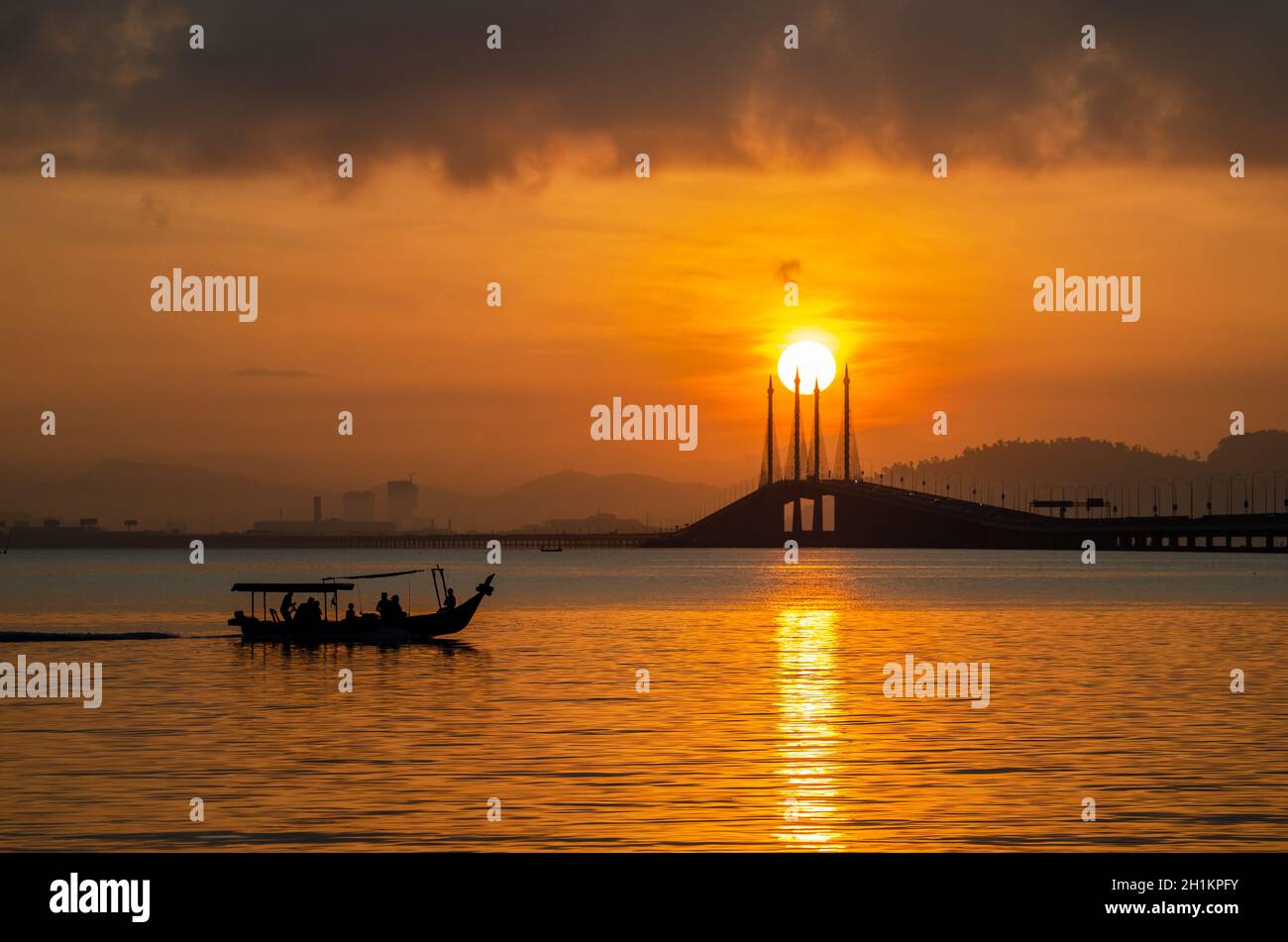 Georgetown, Penang/Malaysia - Feb 16 2020: A boat move at Penang Bridge ...