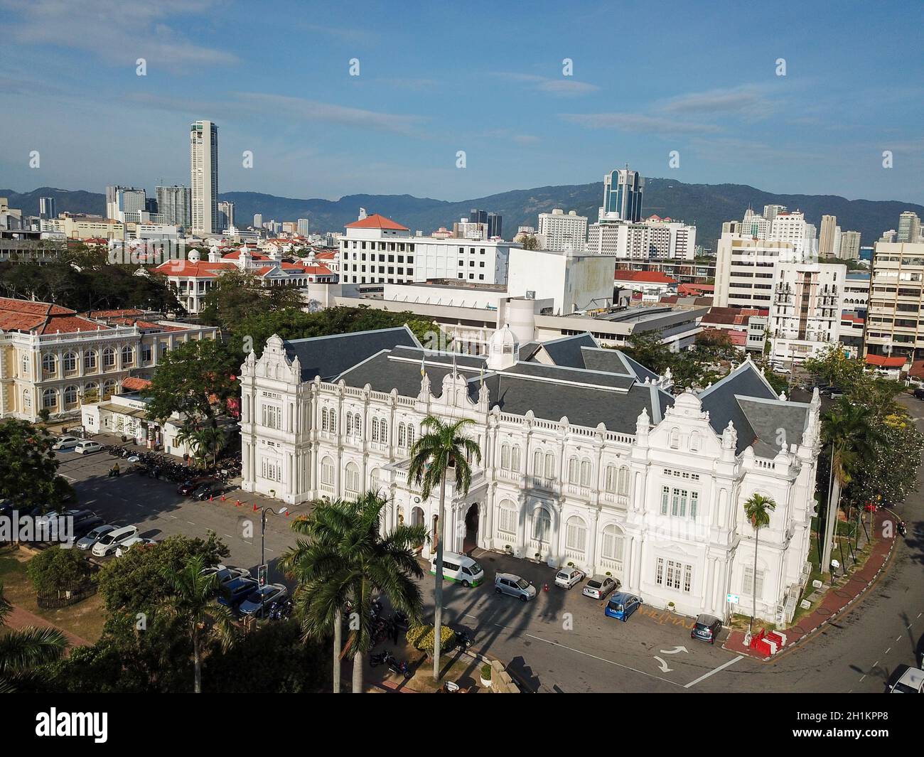 Georgetown, Penang/Malaysia - Feb 28 2020: Aerial view City Hall with ...
