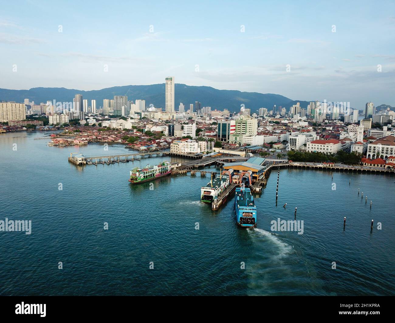 Georgetown, Penang/Malaysia - Feb 28 2020: Aerial view ferry arrive ...