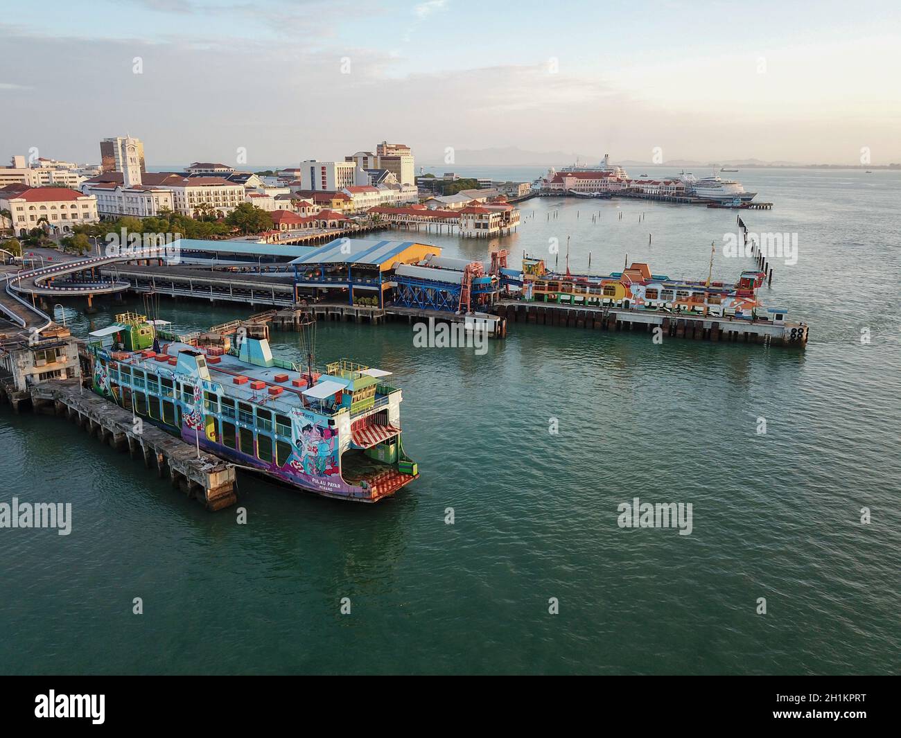 Georgetown, Penang/Malaysia - Feb 28 2020: Aerial view ferry terminal ...