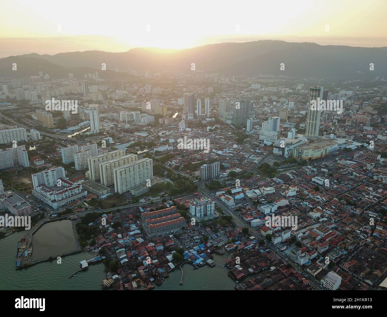Georgetown, Penang/Malaysia - Feb 28 2020: Aerial view sunset ...
