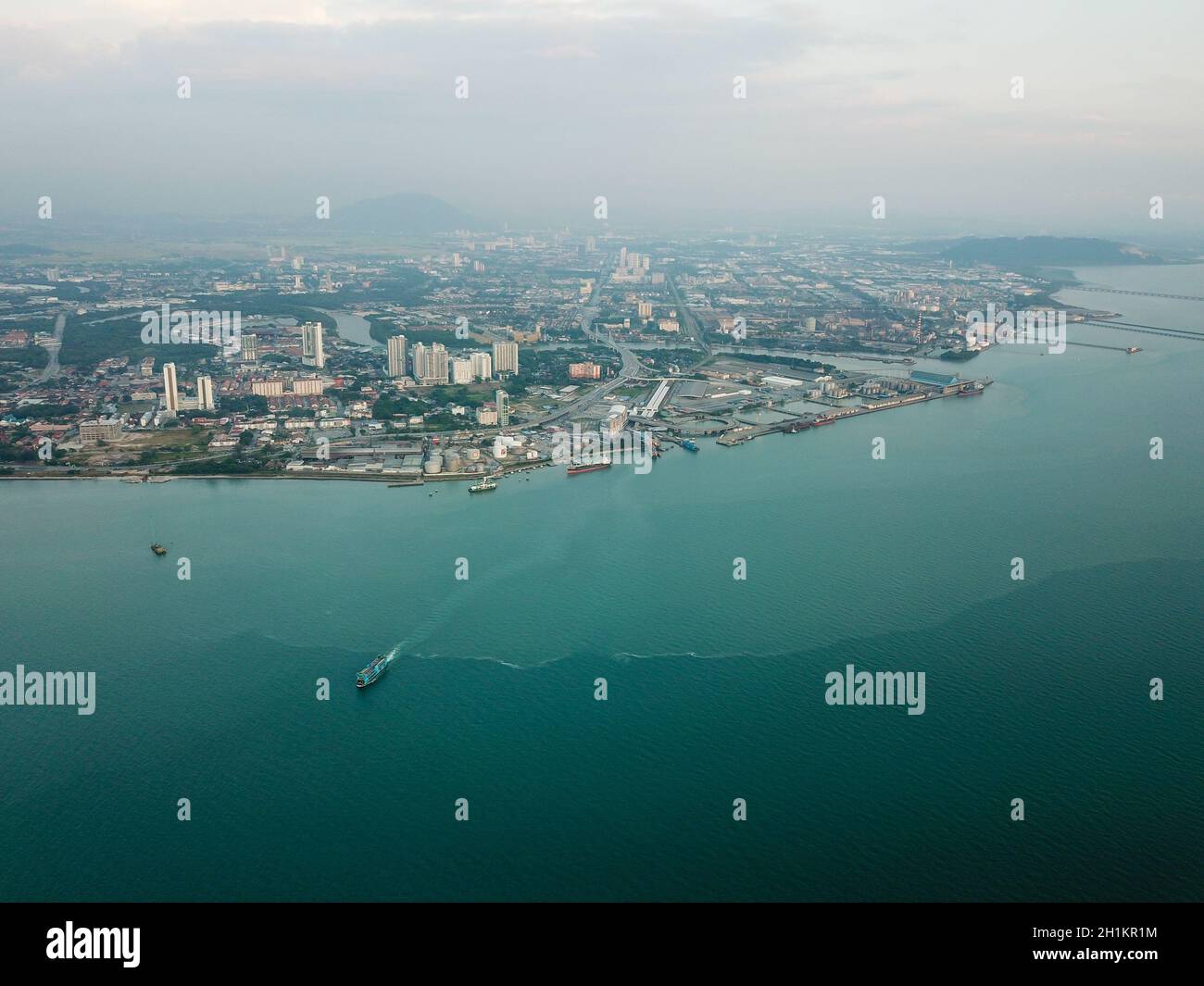 Georgetown, Penang/Malaysia - Feb 28 2020: Aerial top view ferry sail ...