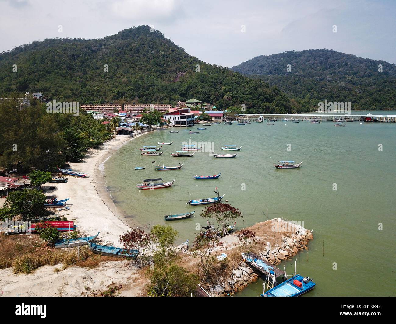 Teluk Bahang, Penang/Malaysia - Mar 08 2020: Boat park at coastal ...