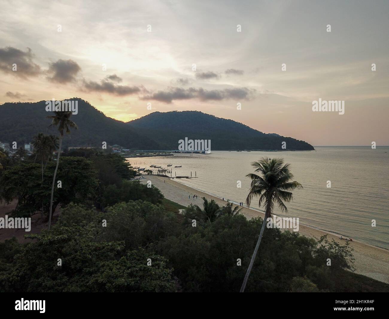 Teluk Bahang, Penang/Malaysia - Mar 08 2020: Aerial view sunset at ...