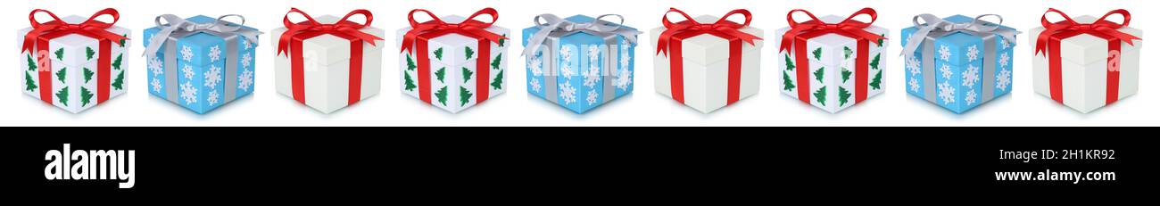 Christmas gifts gift box present many presents in a row isolated on a ...