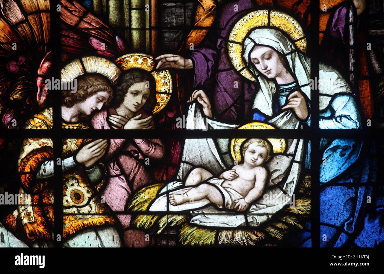Nativity Scene, stained glass window in the Catholic Church of the ...