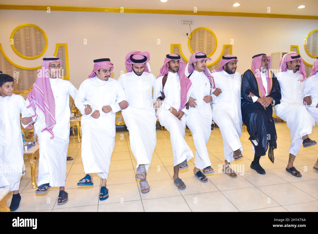 July 2020, wedding hall Riyadh, Saudi Arabia, Saudi men celebrating and ...