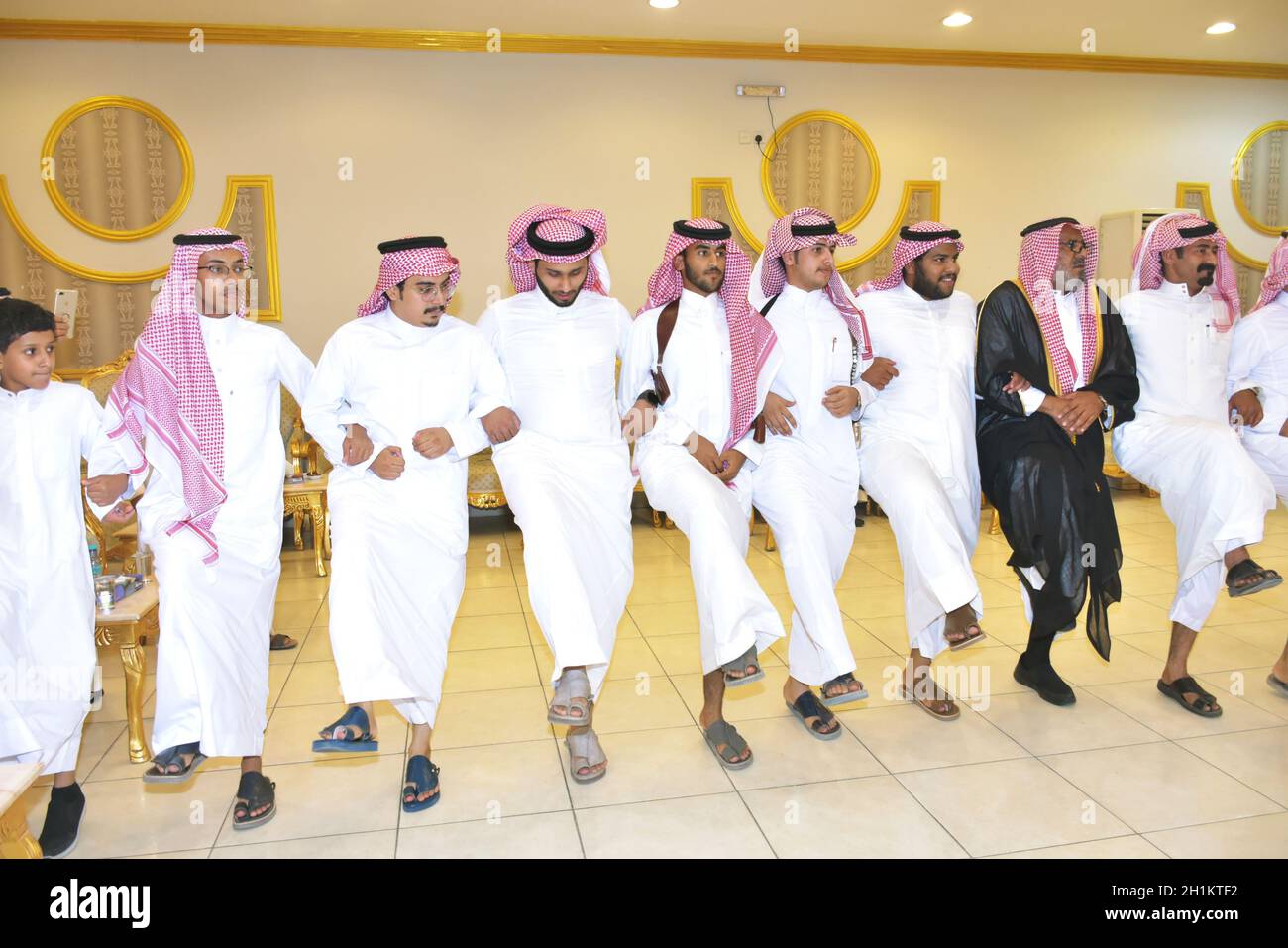 July 2020, wedding hall Riyadh, Saudi Arabia, Saudi men celebrating and ...