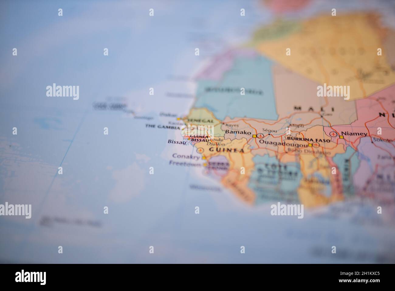 Close up picture focused on Bamako, capital of Mali on a colorful map ...
