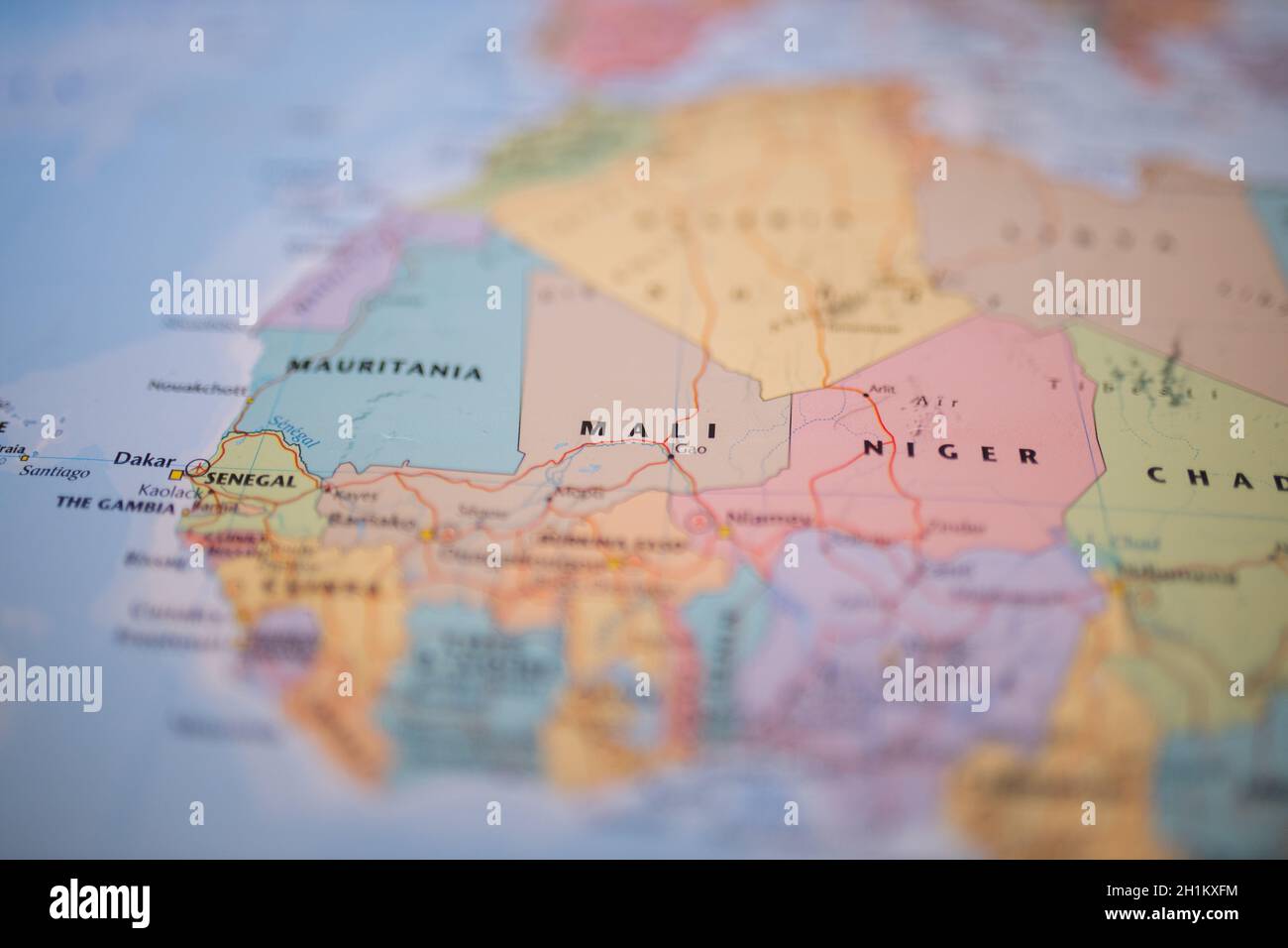 Mali on a map of Western Africa with its main roads marked in red and ...