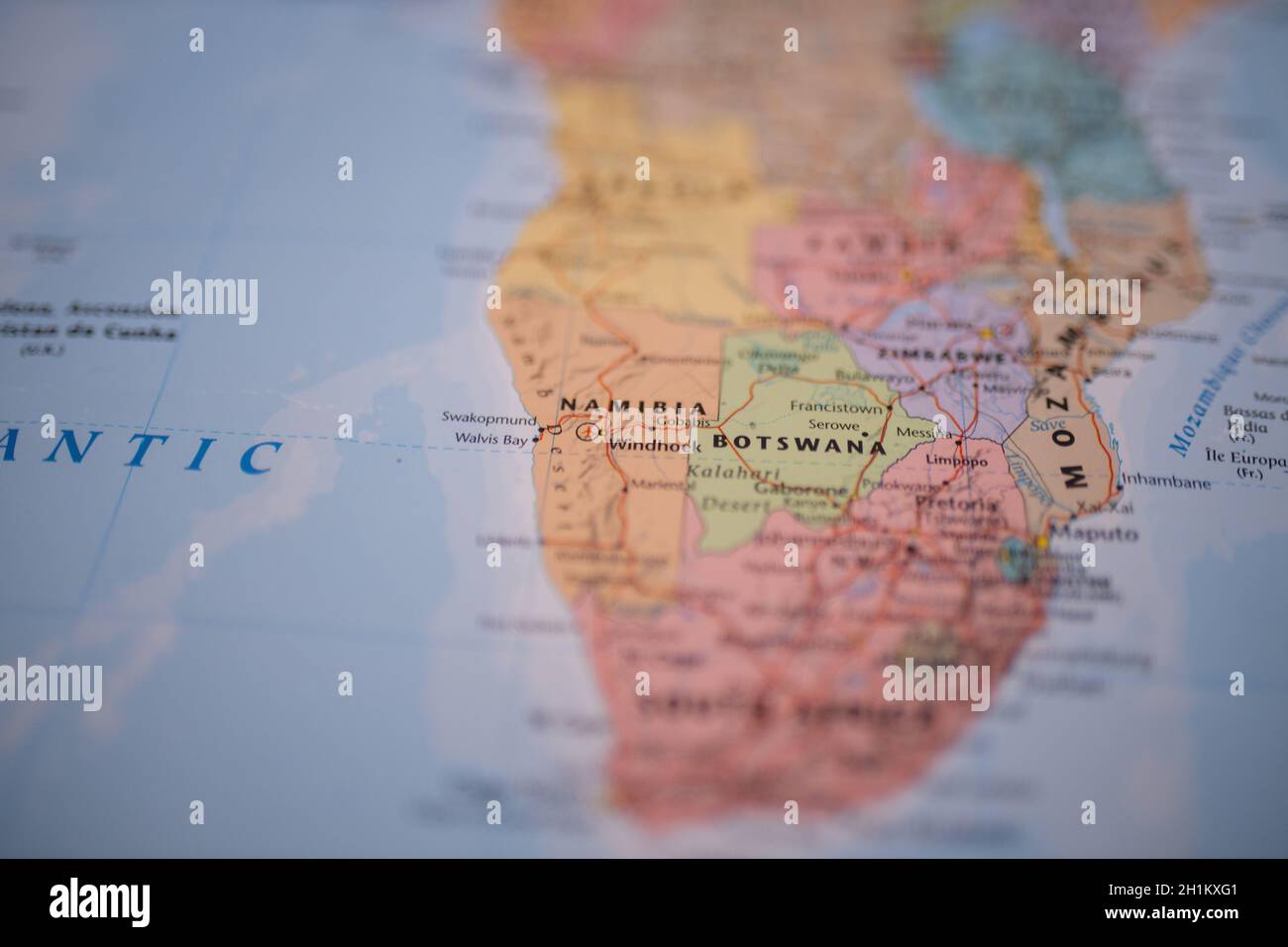 Namibia on a map of Southern Africa with its main roads marked in red ...
