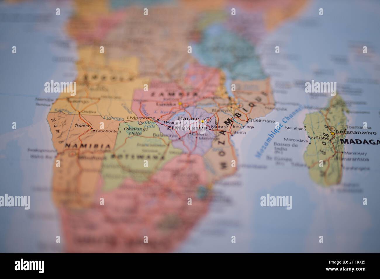 Zimbabwe on a map of Southern Africa with its main roads marked in red ...