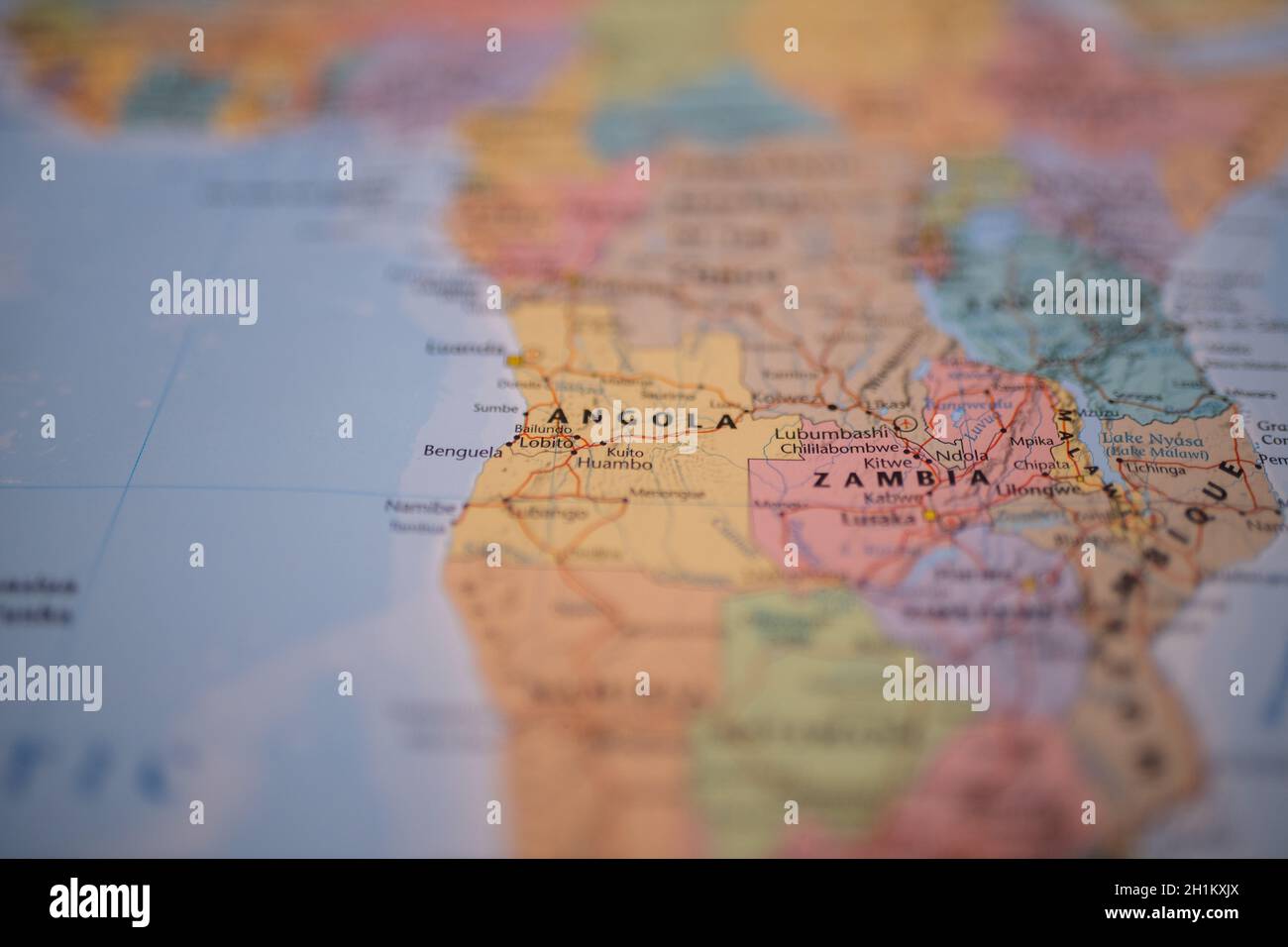 Angola on a map of Southern Africa with its main roads marked in red ...