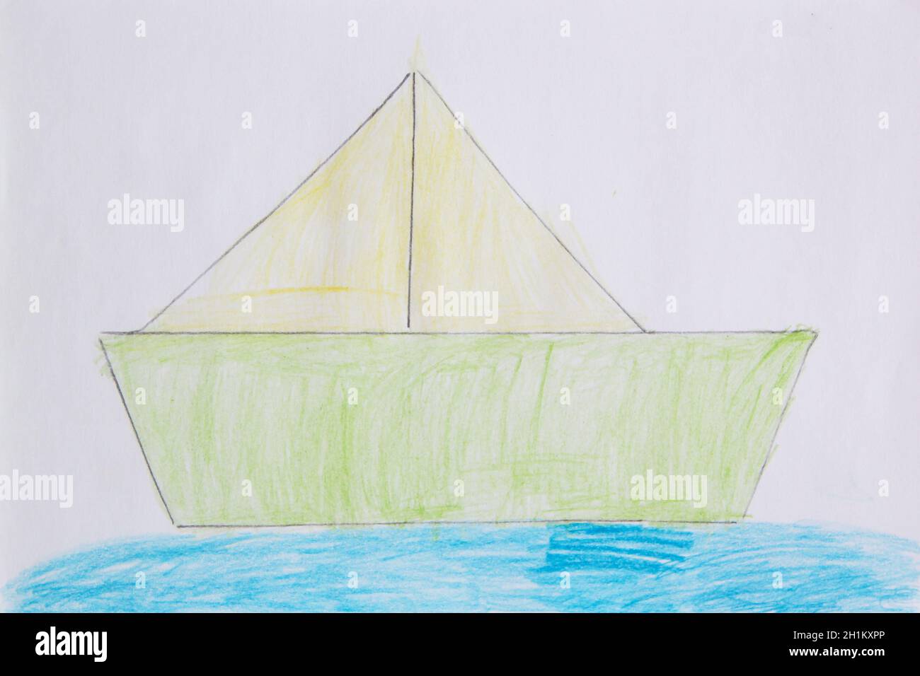 Childish drawing with ship on sea made by pencils. Artwork made by ...