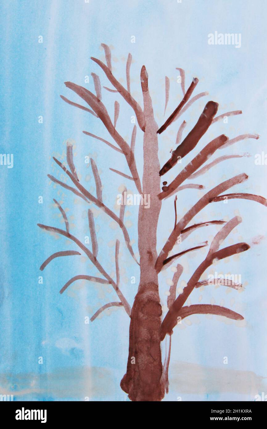 Children's drawing with brown tree on blueish background. Childish ...