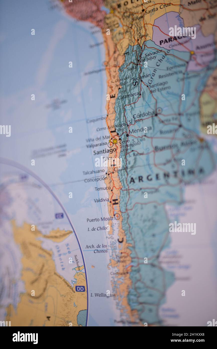 Chile on a colorful map of South America with its main roads marked in ...