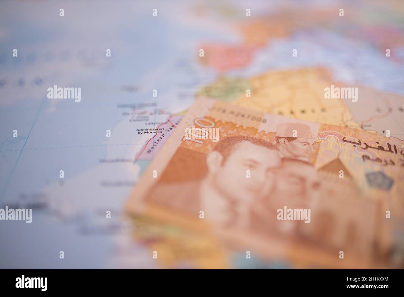 One hundred Moroccan dirham banknote -with the words Bank Al-Maghrib in ...