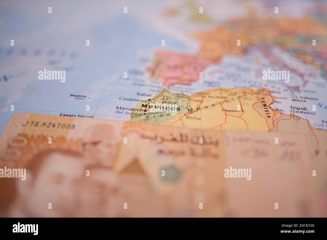 One hundred Moroccan dirham banknote -with the words Bank Al-Maghrib in ...