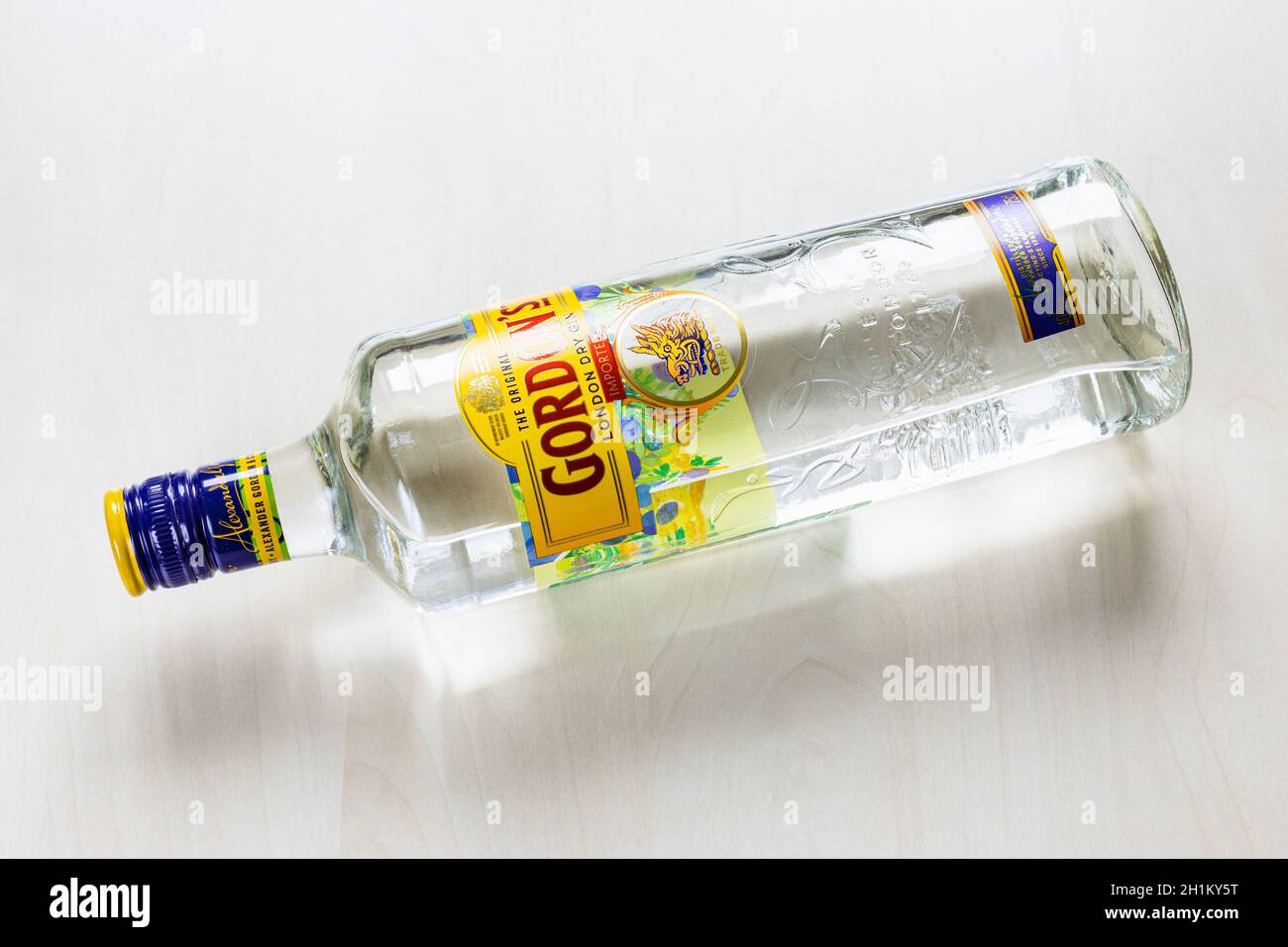 MOSCOW, RUSSIA - NOVEMBER 4, 2020: top view of lying bottle of Gordon's ...