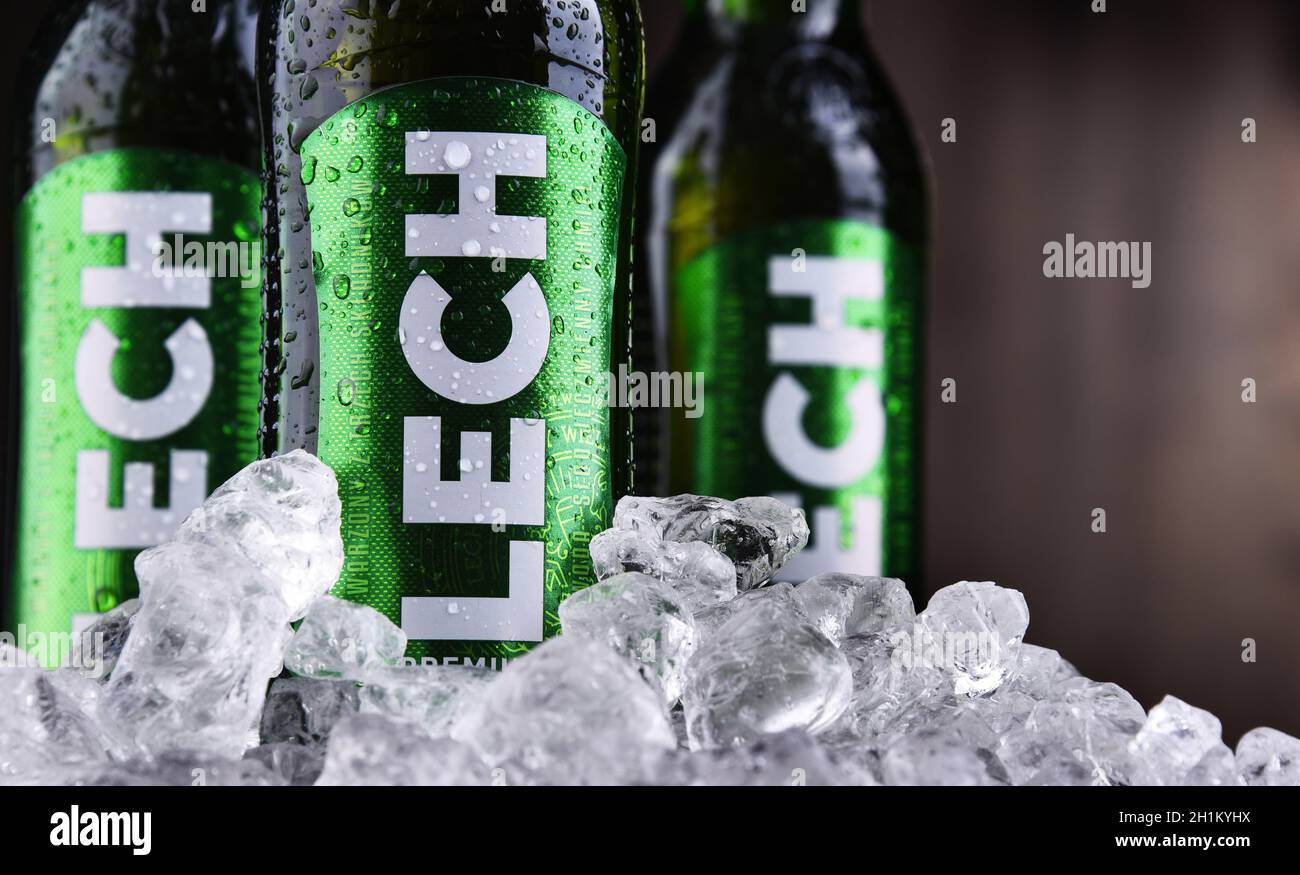 POZNAN, POL - OCT 2, 2020: Bottles of Lech, a brand of Polish beer ...