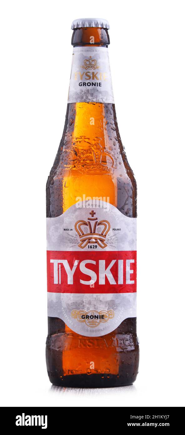 POZNAN, POL - OCT 8, 2020: Bottle of Tyskie, best selling brand of beer ...