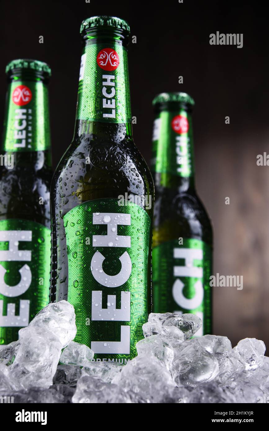 POZNAN, POL - OCT 2, 2020: Bottles of Lech, a brand of Polish beer ...