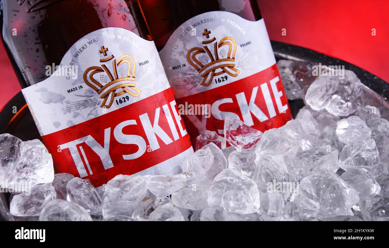 POZNAN, POL - OCT 8, 2020: Bottle of Tyskie, best selling brand of beer ...