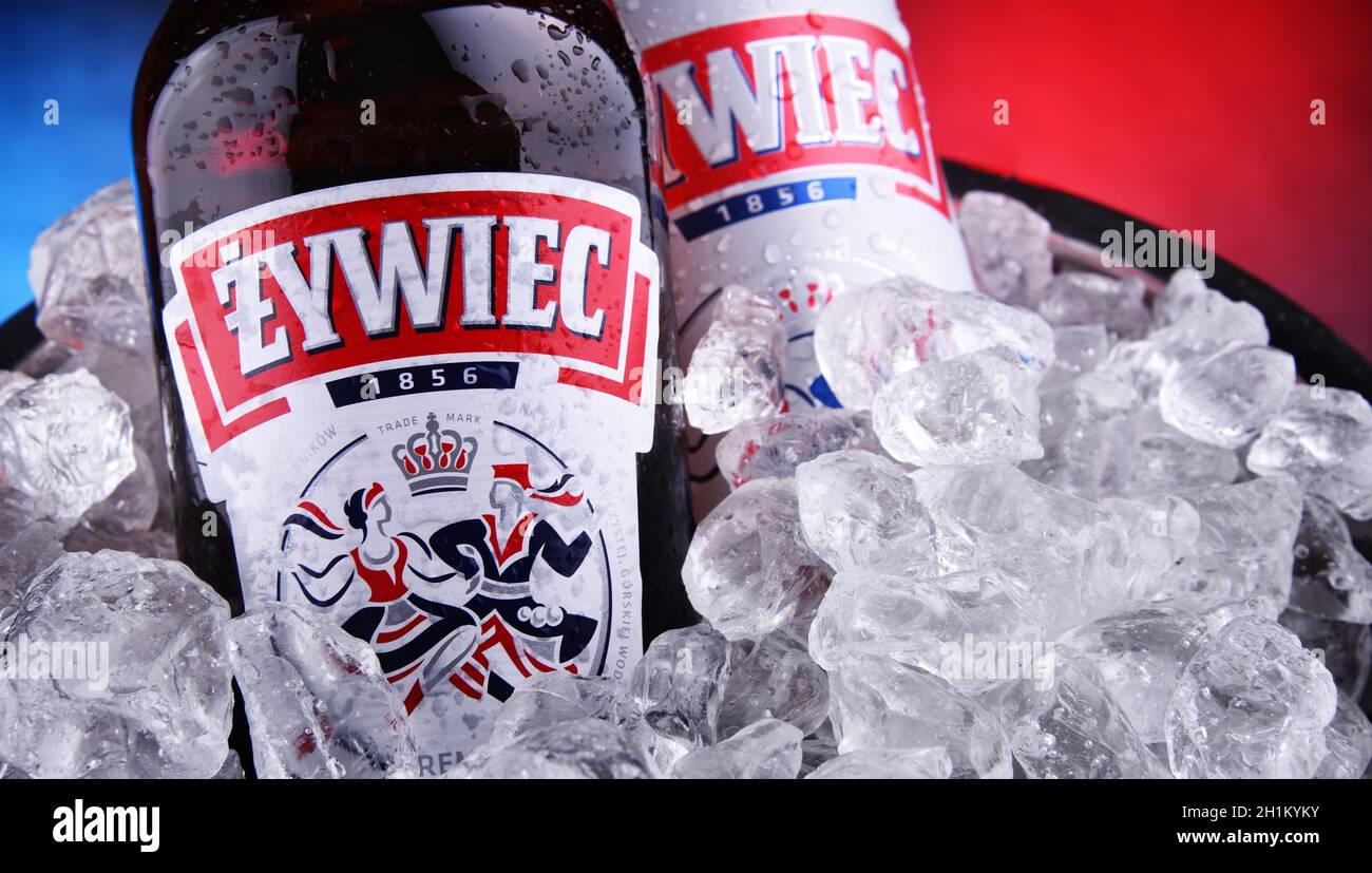 POZNAN, POL - OCT 8, 2020: Bottle and can of Zywiec Beer, a pale lager ...