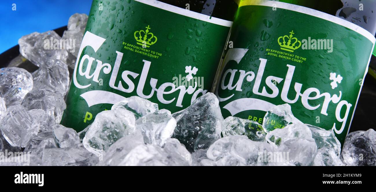 POZNAN, POL - OCT 8, 2020: Bottles of Carlsberg pale lager beer ...