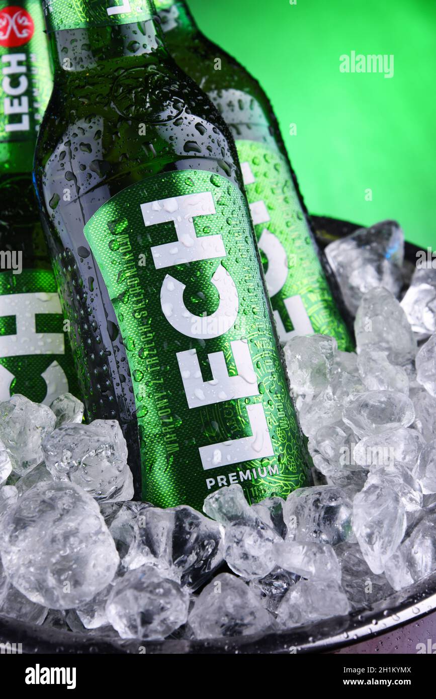 POZNAN, POL - OCT 8, 2020: Bottles of Lech, a brand of Polish beer ...