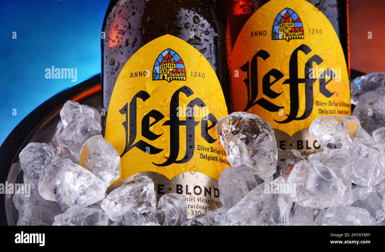 POZNAN, POL - OCT 8, 2020: Bottles of Leffe, a brand of beer owned by ...